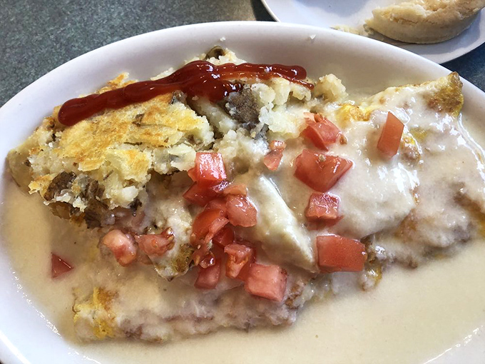 When an omelet gets dressed for the red carpet. Those fresh tomatoes add pops of color that would make a Californian interior designer proud.