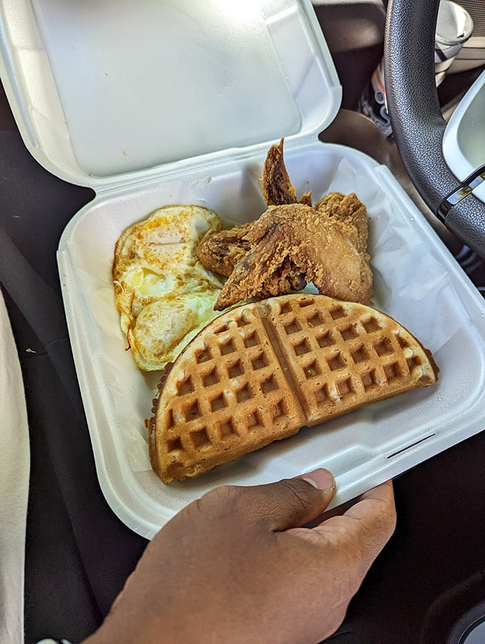 Even in to-go form, this chicken and waffle combo maintains its dignity, ready to transform your car into a five-star dining establishment.