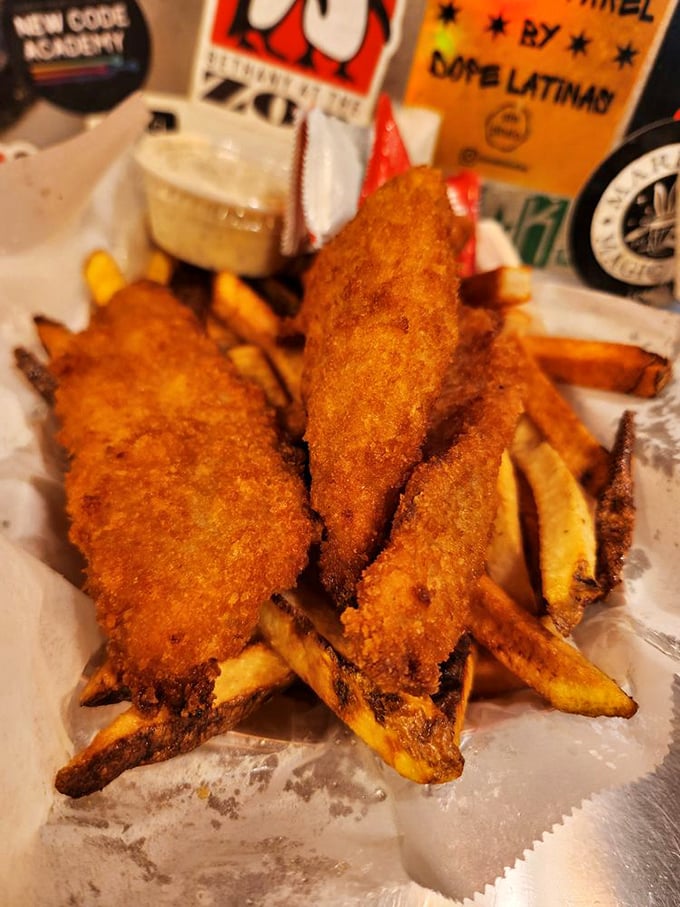 Fish and chips done right&mdash;golden armor protecting flaky white fish that tastes like it was swimming hours ago. Worth every crispy bite.