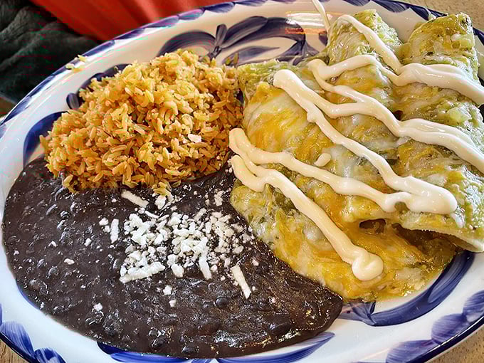 The enchiladas suizas arrive like edible artwork on blue-rimmed pottery. That zigzag of crema isn't just decoration&mdash;it's culinary calligraphy.