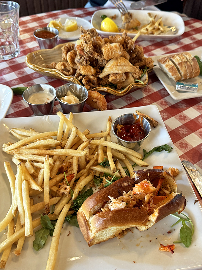 A seafood spread that would make Neptune himself put in a takeout order. That lobster roll is the maritime equivalent of a mic drop.