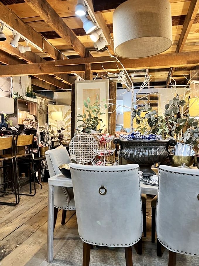 Elegant upholstered chairs surround a table that's seen more interesting conversations than a late-night talk show.