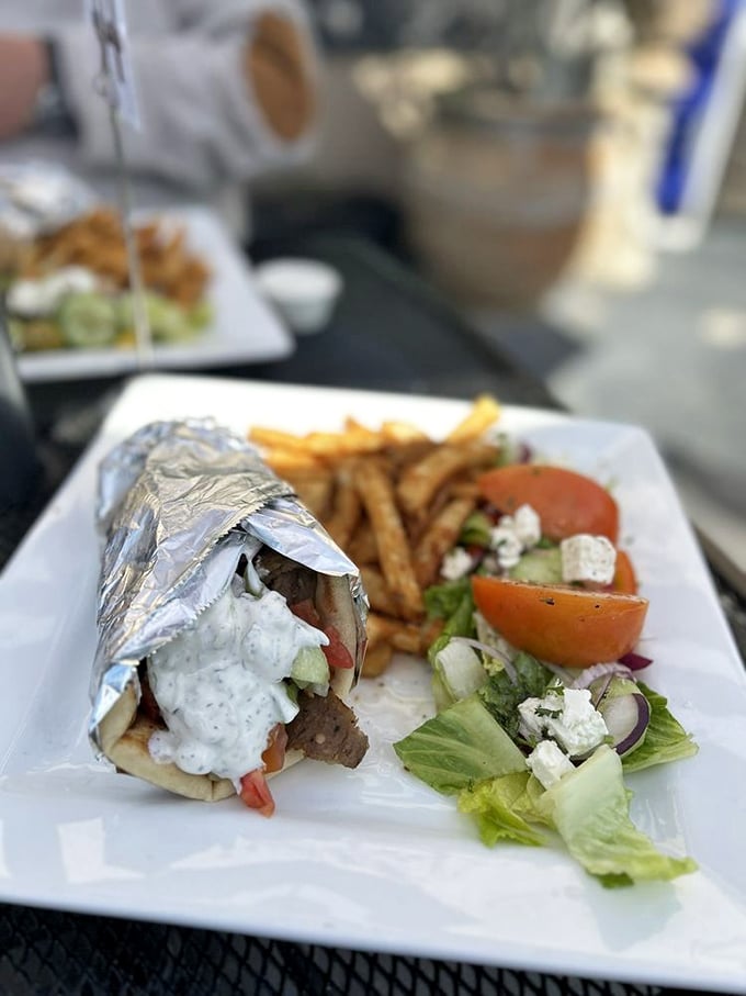 The holy trinity of Mediterranean dining: a perfect gyro, crispy fries, and a Greek salad that deserves its own postcard.