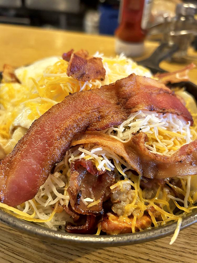 The Bacon Omelet &ndash; where crispy strips of pork stand proudly atop a cheesy mountain of breakfast bliss. Worth setting the alarm for.