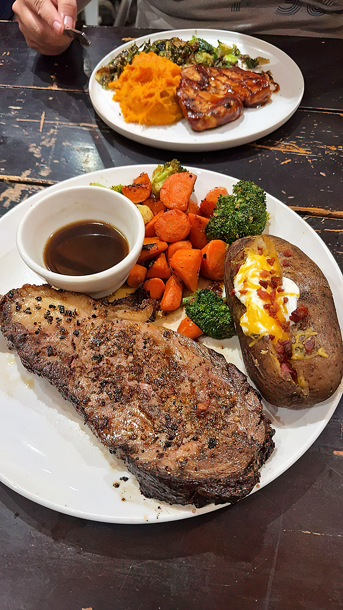 That glazed pork chop is giving serious "food of the gods" vibes, while sweet potato mash provides the perfect supporting role.