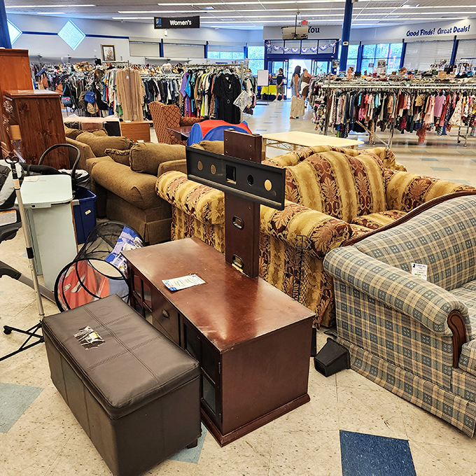 A pattern-lover's paradise where floral couches meet plaid recliners in the furniture department's comfortable chaos.