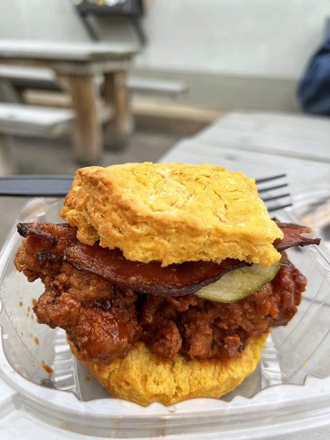 This Nashville sandwich doesn't whisper&mdash;it sings with spicy chicken, bacon, and that signature sweet potato biscuit glow.