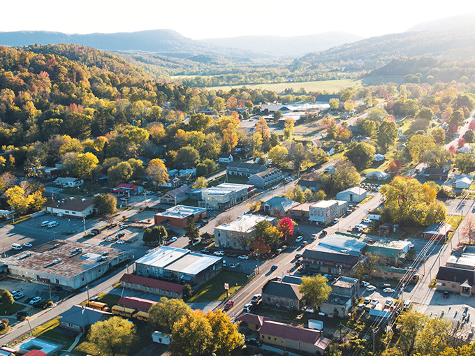 Jasper from above looks like a movie set director's idea of the perfect small town &ndash; nestled in autumn-painted hills that stretch to forever.