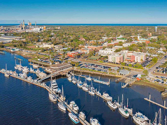 From above, Fernandina's marina looks like a fisherman's chess set, with boats carefully positioned between the river and historic downtown.