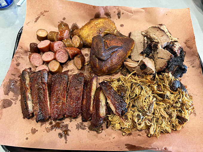 The barbecue equivalent of a greatest hits album. Ribs, brisket, pulled pork, and sausage sharing space like the supergroup of your meat dreams.
