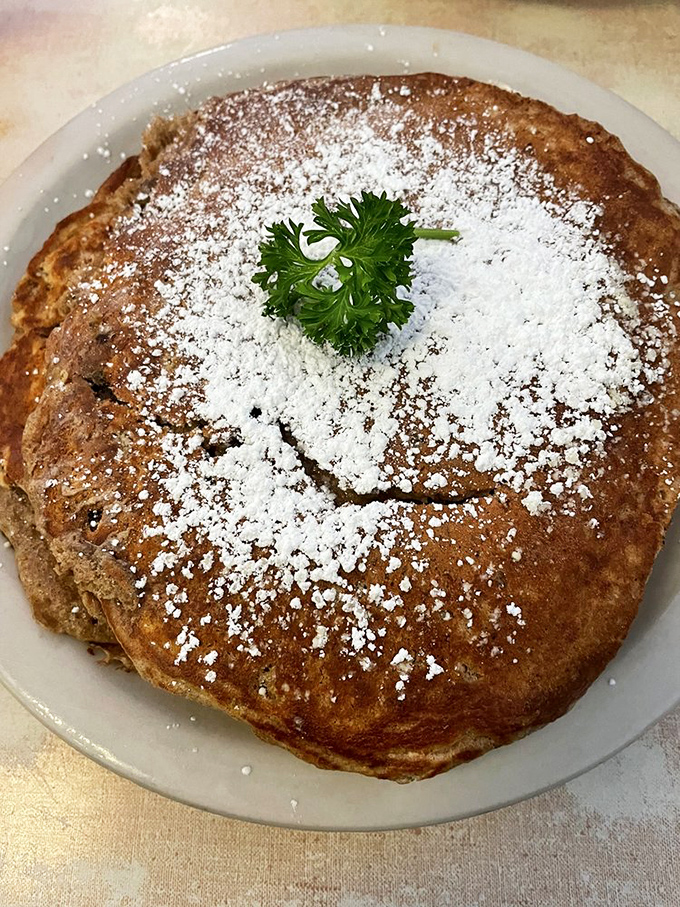 This apple cinnamon pancake isn't just breakfast—it's dessert with permission. The powdered sugar sprinkle is just showing off at this point.