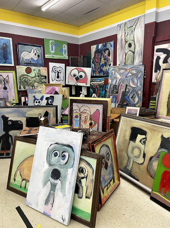 An unexpected art gallery emerges among the antiques. These quirky canine portraits have more personality than most dating profile pictures.
