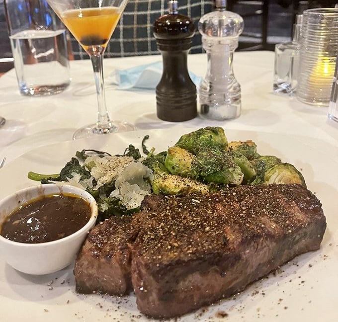 The Brussels sprouts might be the supporting actors, but that perfectly seasoned steak is definitely winning the Academy Award for Best Performance.