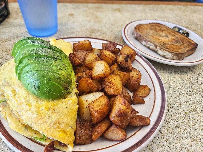 Avocado slices crown this omelet like emerald jewels, proving that sometimes the best accessory is also the tastiest one.
