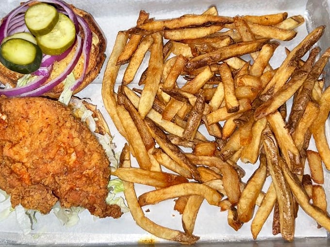 The Southern Fried Chicken sandwich with hand-cut fries&mdash;proof that sometimes the simplest pleasures are the most profound culinary statements.