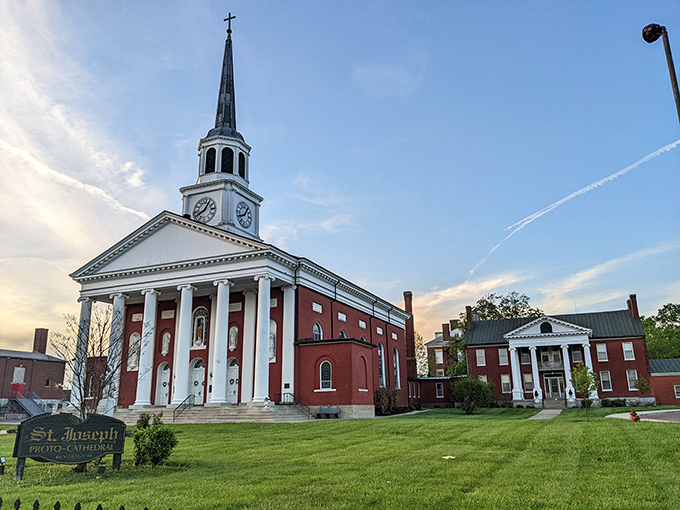 St. Joseph Proto-Cathedral stands majestically against the Kentucky sky, its classic lines a testament to faith and architectural ambition.