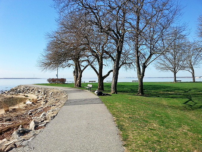 The Delaware River provides a serene backdrop at Battery Park, where history and nature converge in perfect harmony.