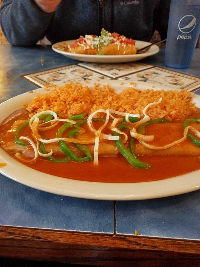 Enchiladas bathed in red sauce and topped with fresh green onions&mdash;proof that sometimes the simplest presentations deliver the most profound flavors.
