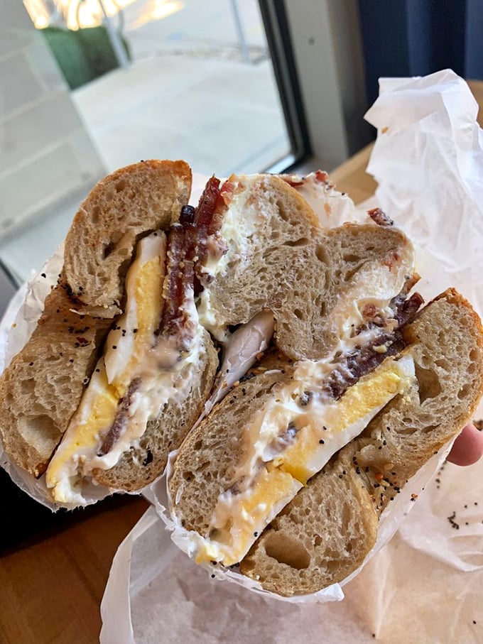The BECKY B sandwich in all its glory&mdash;where eggs, cheese, and bacon achieve a harmony that would make the Vienna Boys Choir jealous.