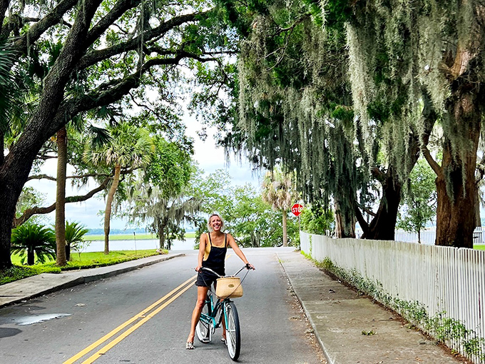 Spanish moss creates nature's awning along Beaufort's bike paths, offering shade and Southern Gothic ambiance for cyclists of all abilities.