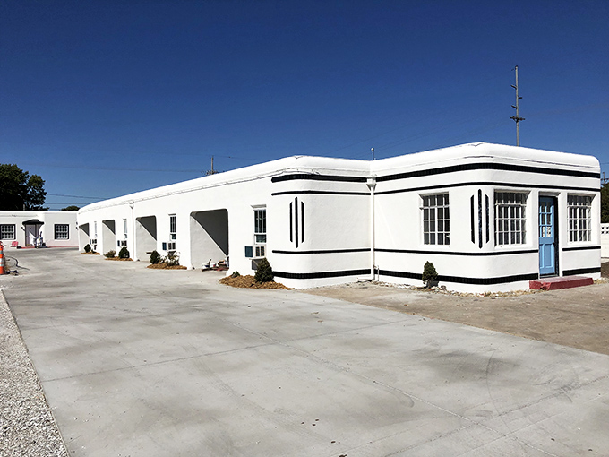 The gleaming white Boots Court Motel is a pristine example of Art Deco roadside architecture. Route 66 nostalgia preserved in its purest form.