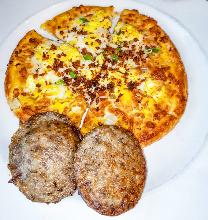 Breakfast pizza: where morning meets comfort food in a glorious union that makes you question why all breakfasts don't include melted cheese.