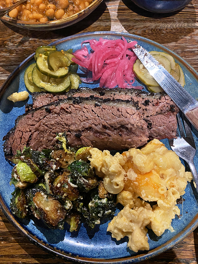 A blue plate special that would make angels weep&mdash;brisket with that textbook smoke ring, mac and cheese that's actually cheesy, and Brussels sprouts that could convert vegetable skeptics.