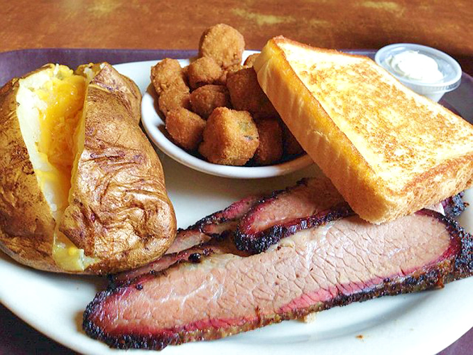 A proper barbecue plate doesn't need fancy presentation &ndash; just meat that speaks for itself, a baked potato sidekick, and Texas toast for sopping duties.