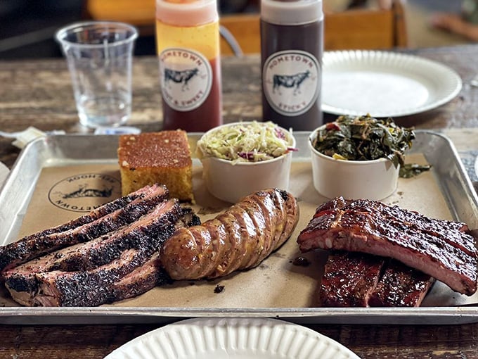 This tray doesn't merely hold meat; it displays edible artwork &ndash; brisket sliced with surgical precision alongside ribs that needed no introduction.