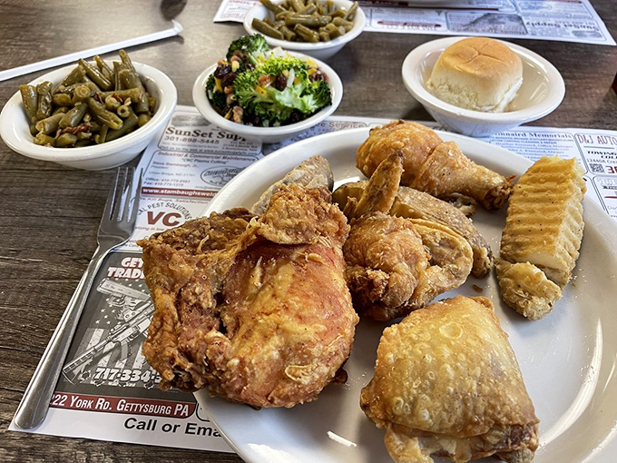 A proper country meal that understands the importance of sides. Those green beans have clearly been introduced to pork and have become fast friends.