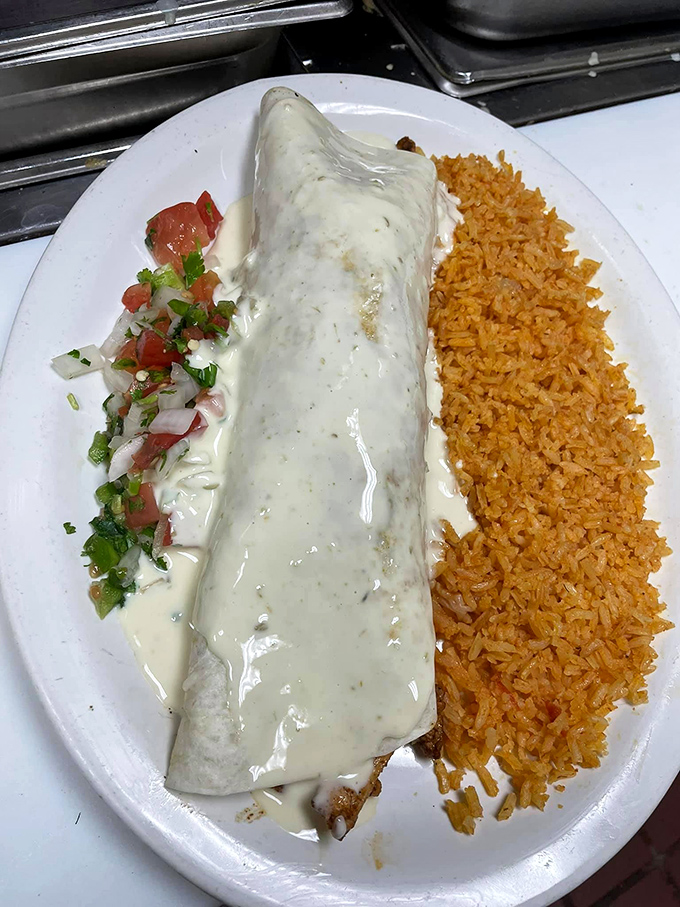White sauce cascading over a perfectly wrapped burrito, with pico de gallo standing guard. This plate doesn't just feed you&mdash;it seduces you.