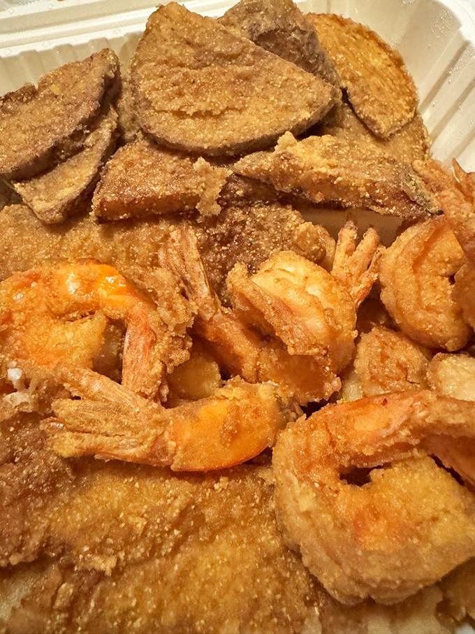 The seafood equivalent of a greatest hits album. Crispy catfish triangles and plump fried shrimp share the spotlight in this box of treasures.