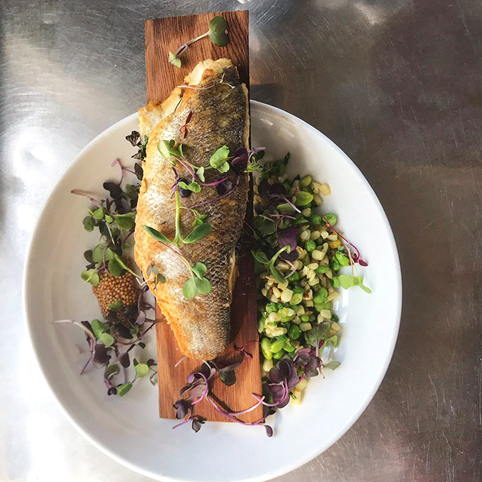 This cedar plank bronzino isn't just dinner&mdash;it's performance art. The fish reclines on its wooden stage, surrounded by a supporting cast of microgreens and corn.