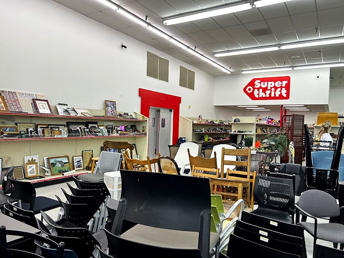 The chair section offers a United Nations of seating options. That lime green folding chair is making a bold statement among its more conservative wooden neighbors