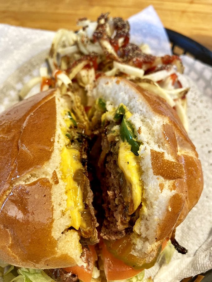 The star of the show in all its glory&mdash;a burger so juicy you'll need at least three napkins and possibly a bib.