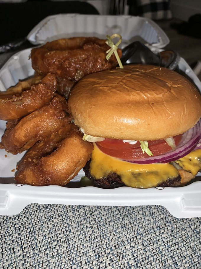 The classic burger-and-rings combo &ndash; a pairing as timeless as Bogart and Bacall, but significantly more delicious and less complicated.