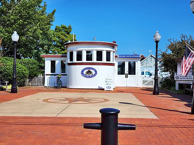 The Chesapeake Bay Maritime Museum entrance welcomes visitors like an old friend who can't wait to share fascinating stories you'll actually want to hear.