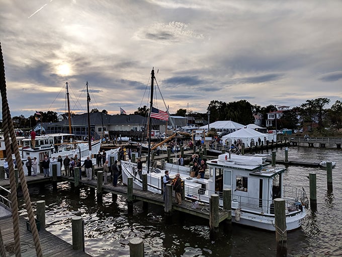 As evening settles over the marina, boats gently rock at their moorings while visitors gather to share stories and perhaps a flask of something warming.