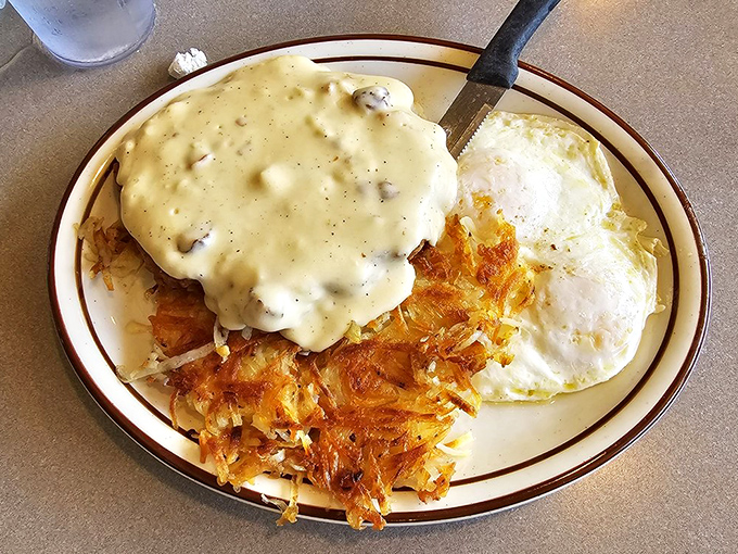 This isn't just breakfast&mdash;it's edible therapy. The chicken fried steak and gravy combo could solve most of life's problems before noon.