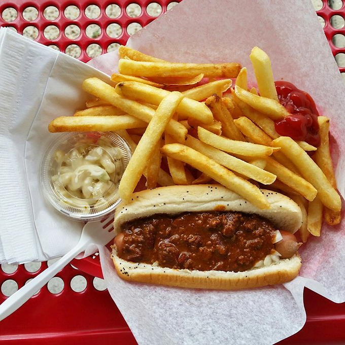 The holy trinity of comfort food: a chili dog, golden fries, and a side of creamy sauce. Napkins required, regrets impossible.