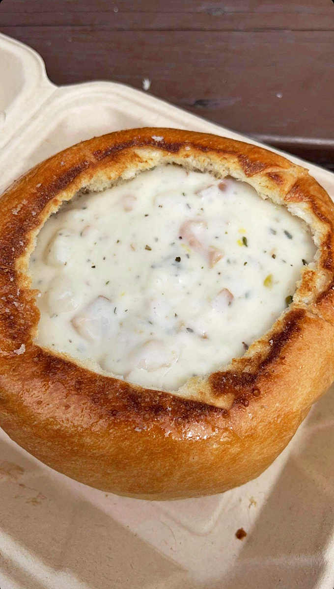 The bread bowl: nature's edible dishware and the perfect vessel for liquid gold. When the chowder's gone, the real fun begins with that soup-soaked bread.