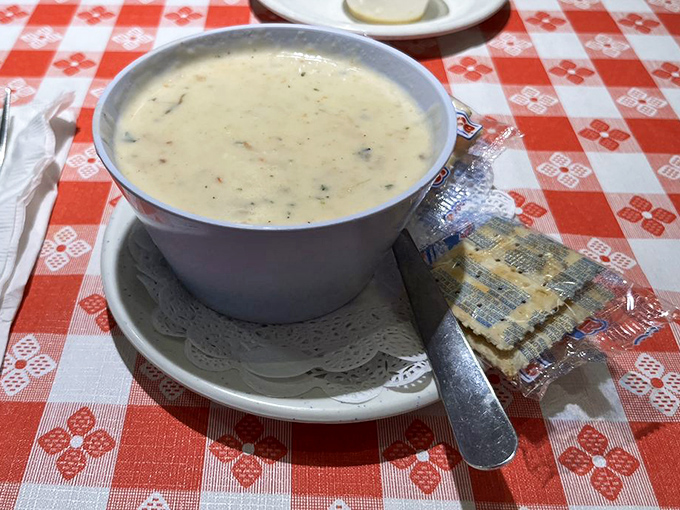 The chowder arrives with saltines on a doily&mdash;a humble presentation for what might be Florida's most celebrated bowl of liquid happiness.