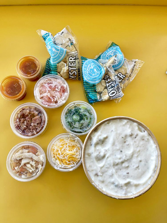 The DIY chowder experience&mdash;container of liquid gold surrounded by toppings that transform good into transcendent. Choose your own adventure!