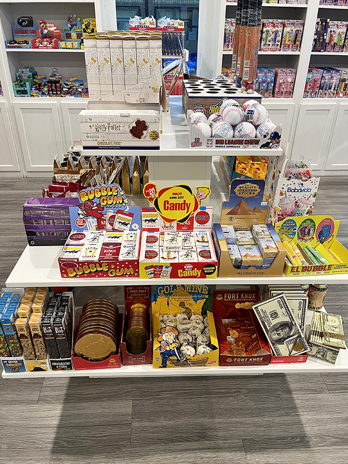 Harry Potter candy sits alongside baseball memorabilia and bubble gum classics&mdash;because nothing says "American childhood" quite like this delicious diversity.