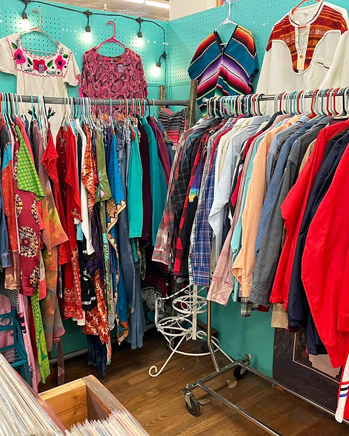 The clothing section pops with turquoise walls and vibrant patterns&mdash;where yesterday's fashion becomes tomorrow's statement piece.