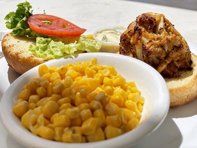 Maryland meets Florida in this crab cake sandwich. The sweet corn side isn't just an afterthought&mdash;it's practically demanding equal billing.