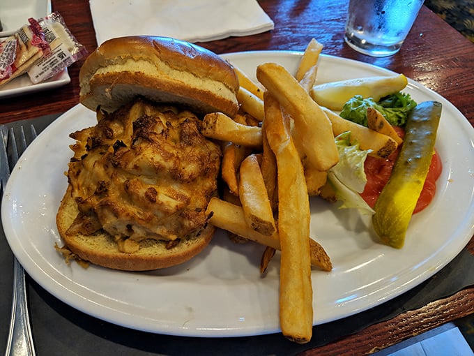The crab cake sandwich: where seafood perfection meets bread in a relationship so beautiful it should have its own reality show.