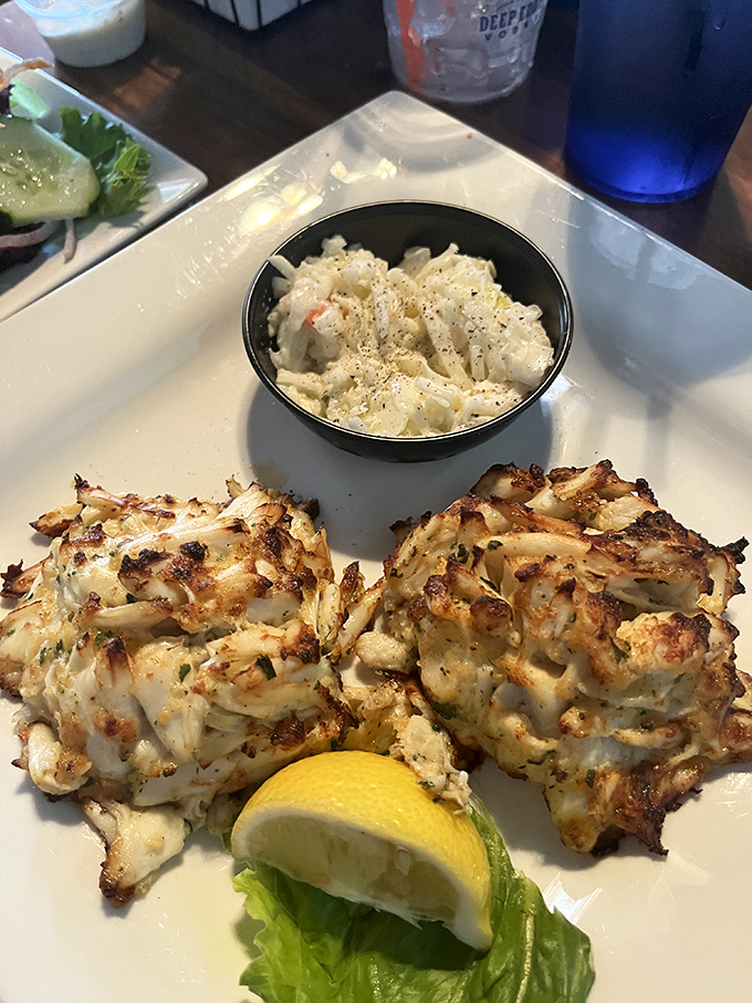 Two broiled beauties that could make a Marylander weep with joy. These crab cakes are what seafood dreams are made of.