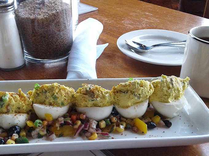 The presentation alone deserves applause&mdash;deviled eggs elevated from church potluck staple to culinary artwork, with each bite delivering creamy perfection.