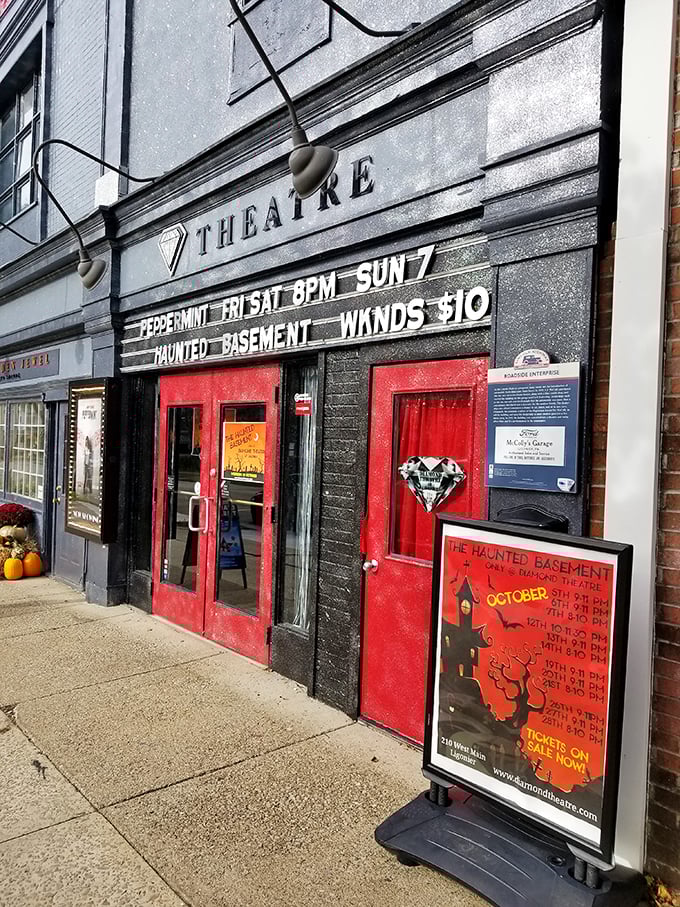 The Diamond Theatre brings old-school cinema charm with its vintage marquee and red doors. No 36-screen megaplex here, just pure movie magic.